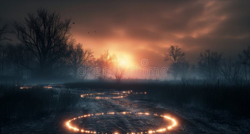 Mist Covered Pathway Illuminated by Glowing Orbs at Dawn in Forest ...