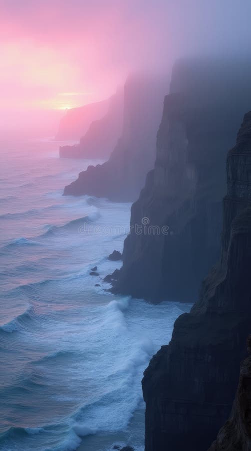 Mist-Covered Sea Cliffs with Waves Crashing Below, Illuminated by ...