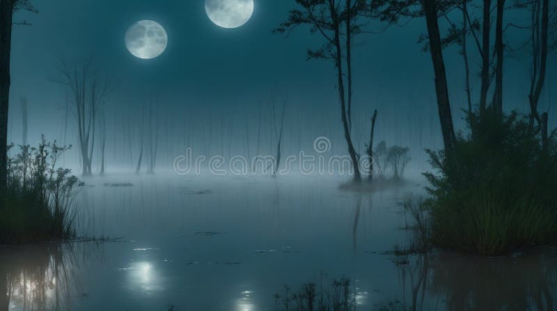 A Mist-covered Swamp with the Moonlight Peeking through the Trees Stock ...