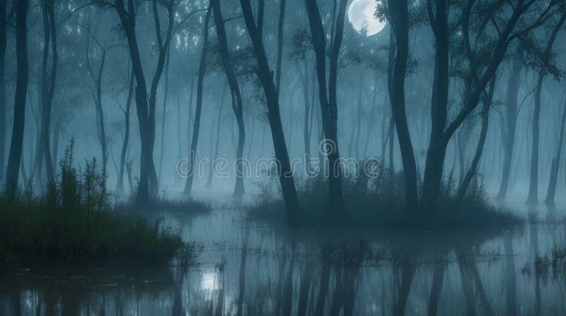 A Mist-covered Swamp with the Moonlight Peeking through the Trees Stock ...
