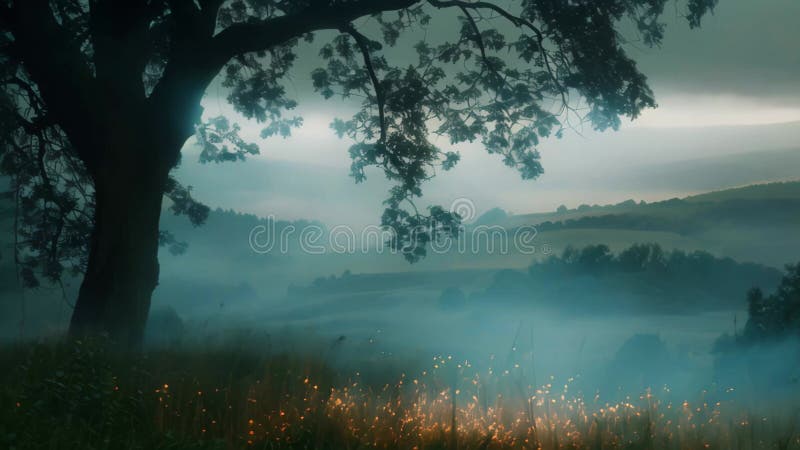 A Mist Envelops the Landscape, with a Single Tree in the Background ...