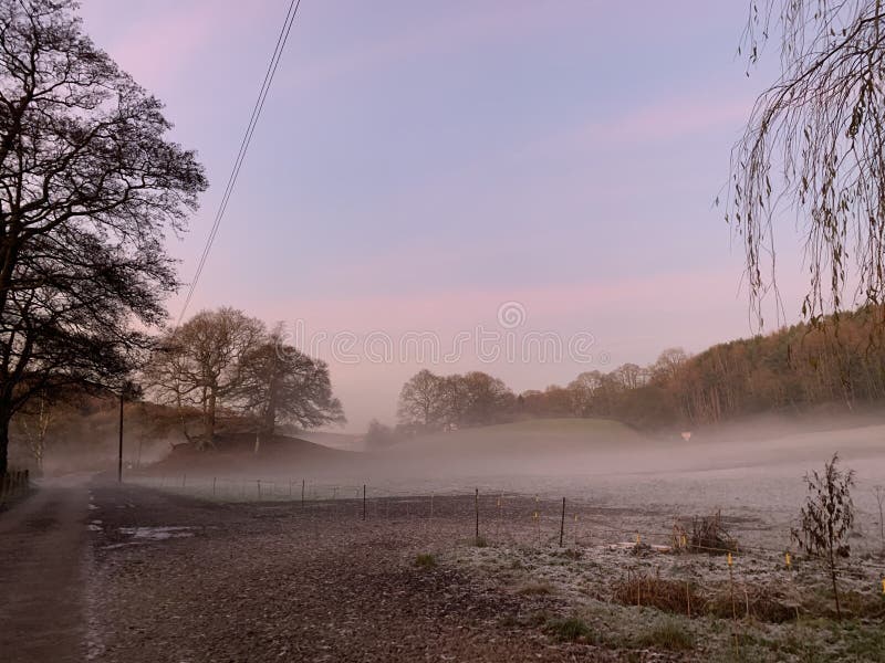 Mist on the farm sunset stock image. Image of evening - 166907395