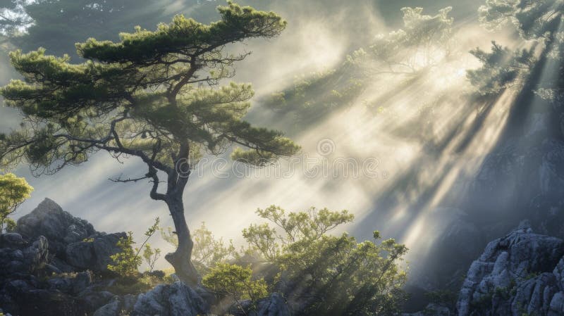 The Mist Forms Intricate Patterns Around the Trees and Rocks Creating a ...