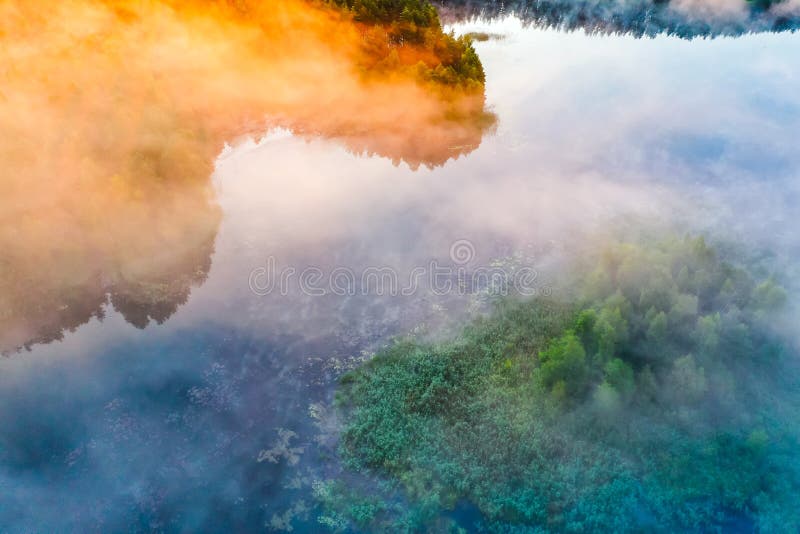 Mist Hangs Over Lake in Forest. Aerial Landscape. Environment Concept ...