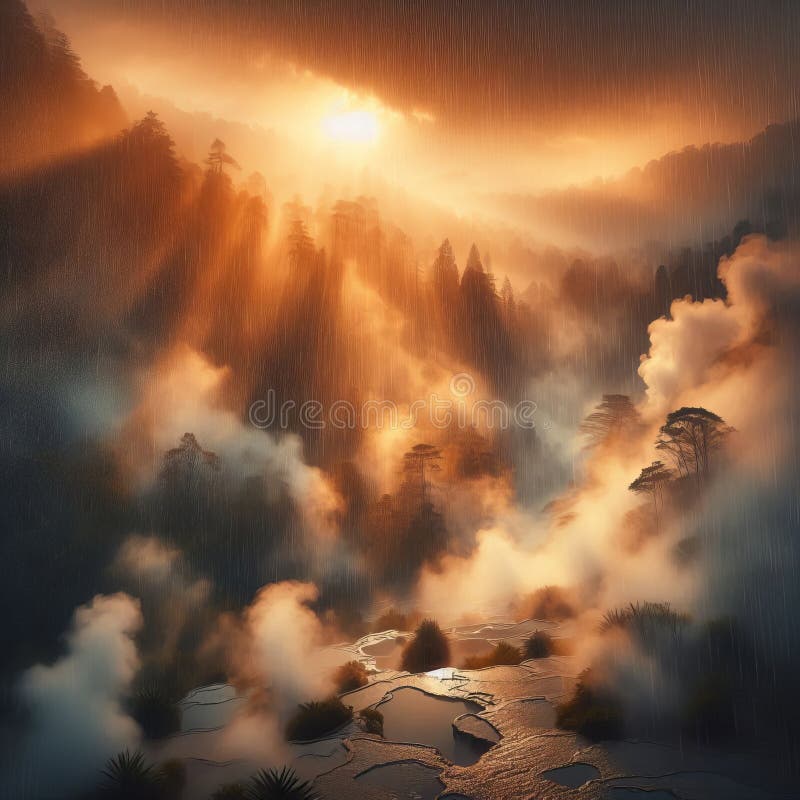 Mist from a Hot Spring in the Rain Steam Rises into Rain Creatin Stock ...