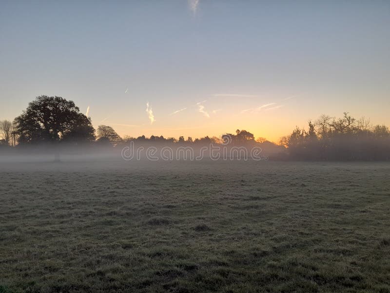 Mist Lingering in the Field at Sunrise Stock Photo - Image of cold ...