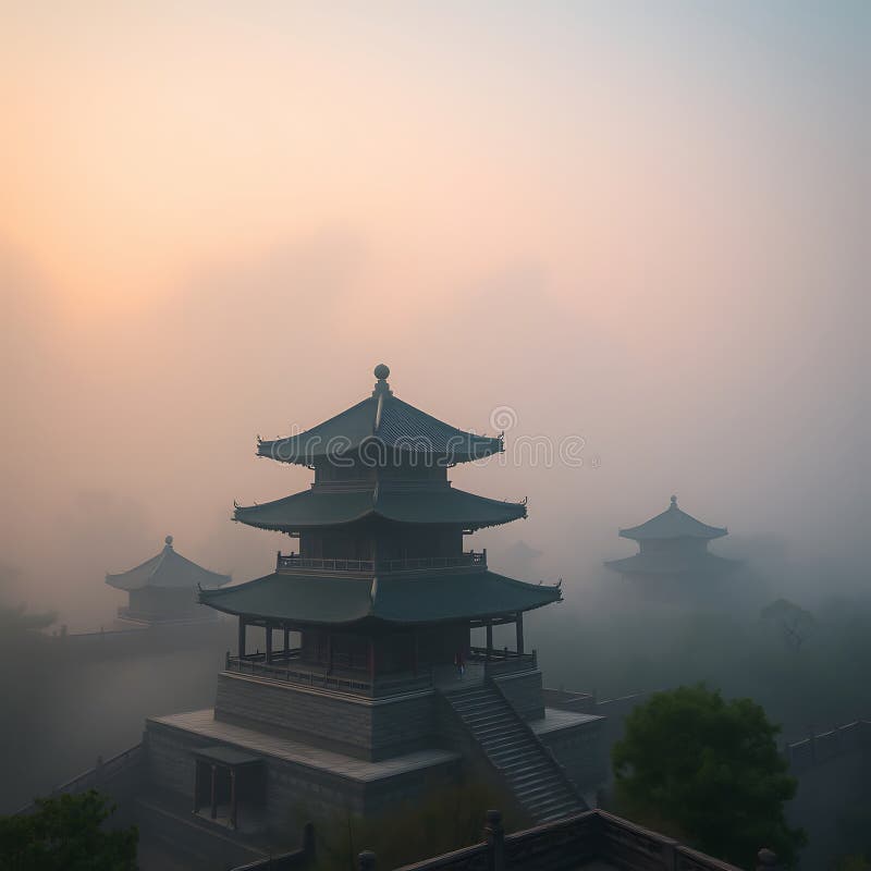 Mist Over Ancient Pagoda in China Stock Illustration - Illustration of ...
