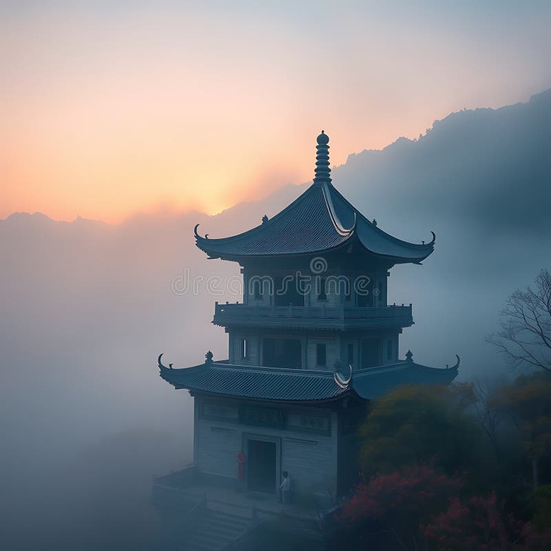 Mist Over Ancient Pagoda in China Stock Illustration - Illustration of ...