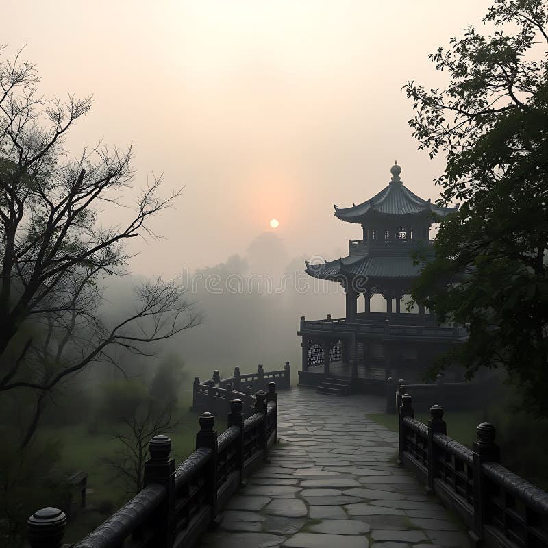 Mist Over Ancient Pagoda in China Stock Illustration - Illustration of ...