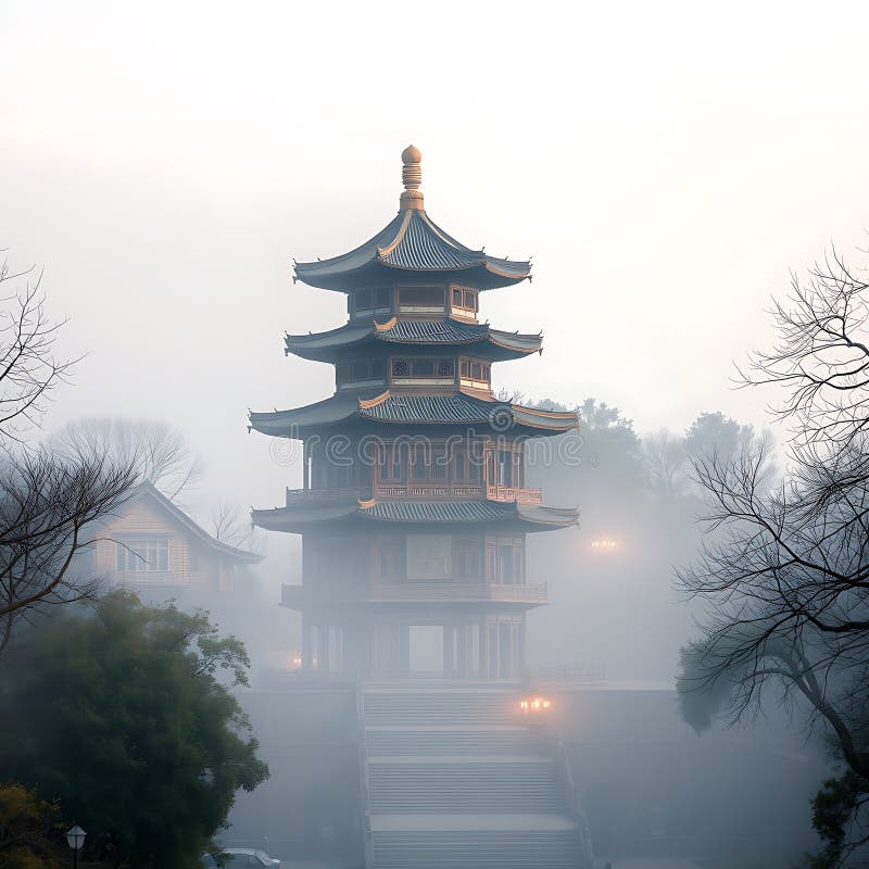 Mist Over Ancient Pagoda in China Stock Illustration - Illustration of ...