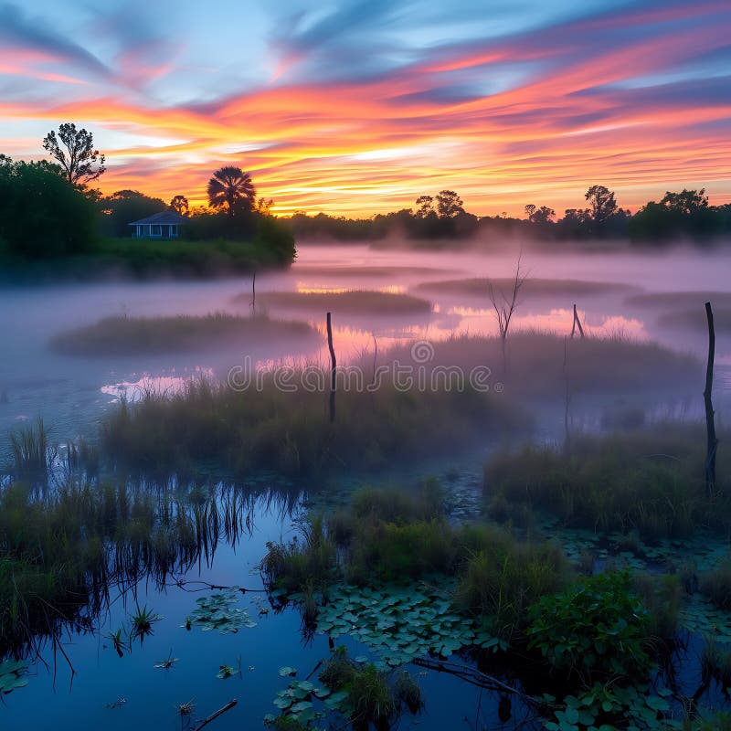 Mist Over Everglades Marsh with Colorful Sky Stock Illustration ...