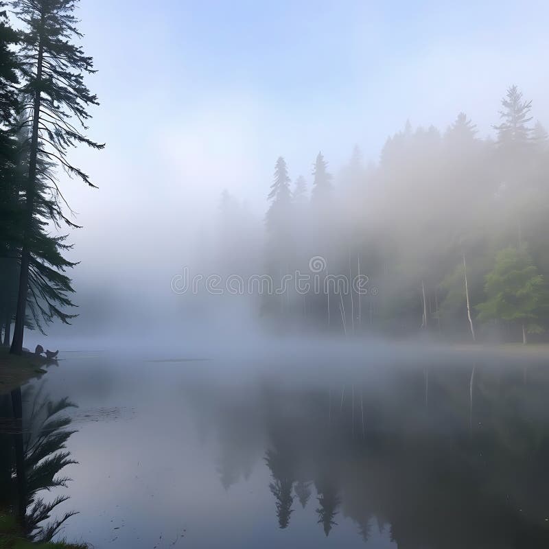 Mist Over Quiet Lake with Tall Trees Stock Illustration - Illustration ...