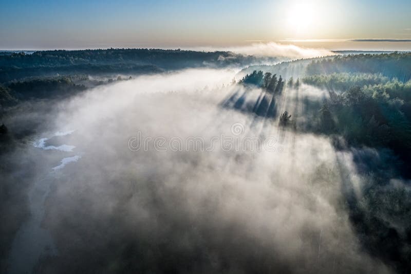 Mist Over River with Rays in Autumn, Aerial View Stock Image - Image of ...
