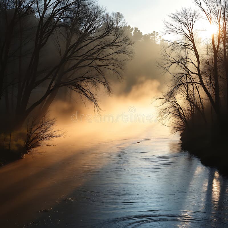 Mist Over River with Sunlit Trees Stock Illustration - Illustration of ...