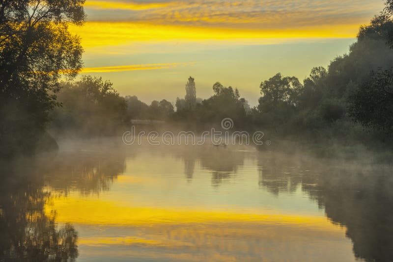 Mist Over River at Sunrise Time Stock Photo - Image of mist, color ...