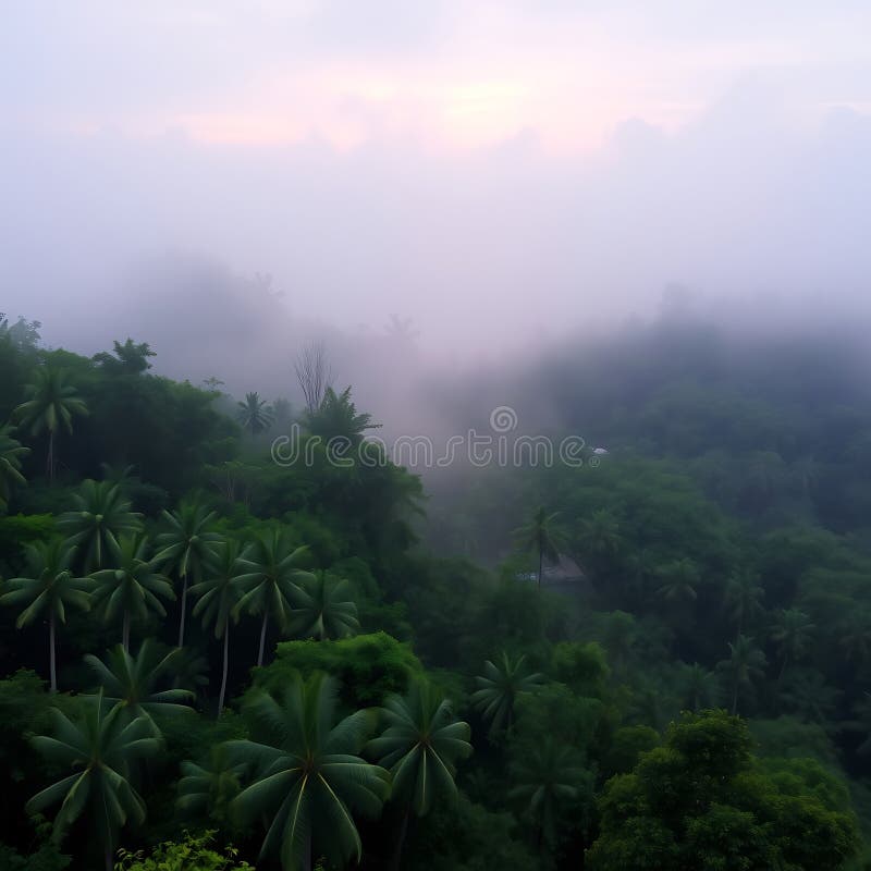 Mist Over Tropical Rainforest at Dawn Stock Illustration - Illustration ...