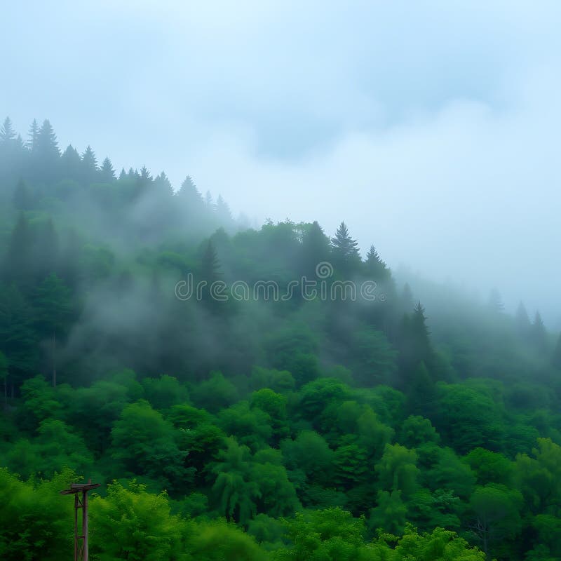 Mist Over Vibrant Green Forest Stock Illustration - Illustration of ...