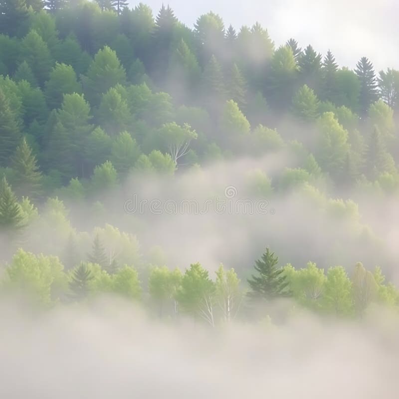 Mist Over Vibrant Green Forest Stock Illustration - Illustration of ...