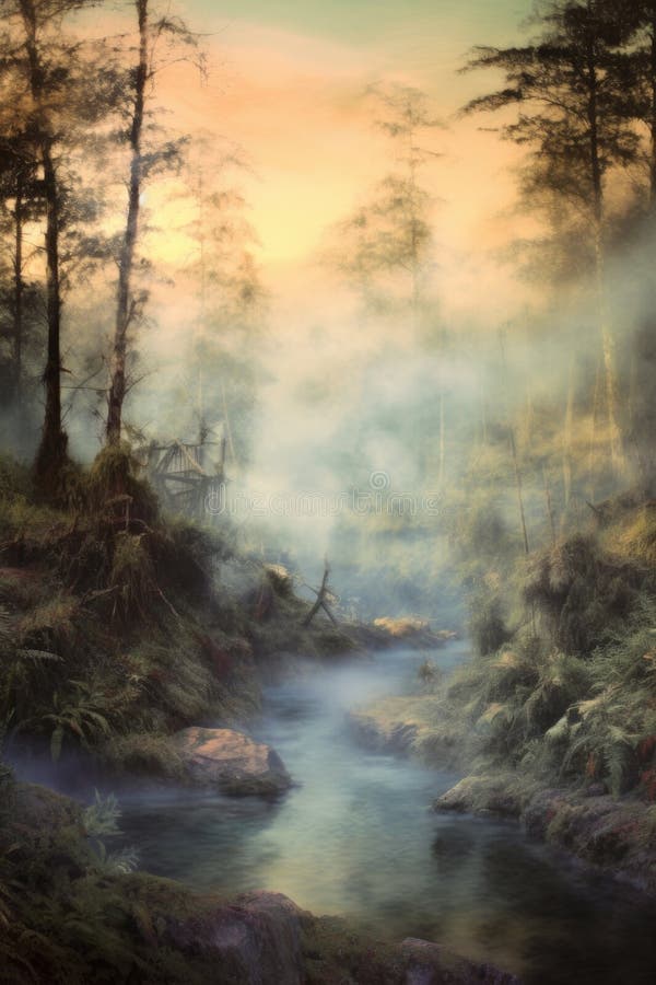 Mist Rising from a Hot Spring in a Forest Stock Image - Image of forest ...