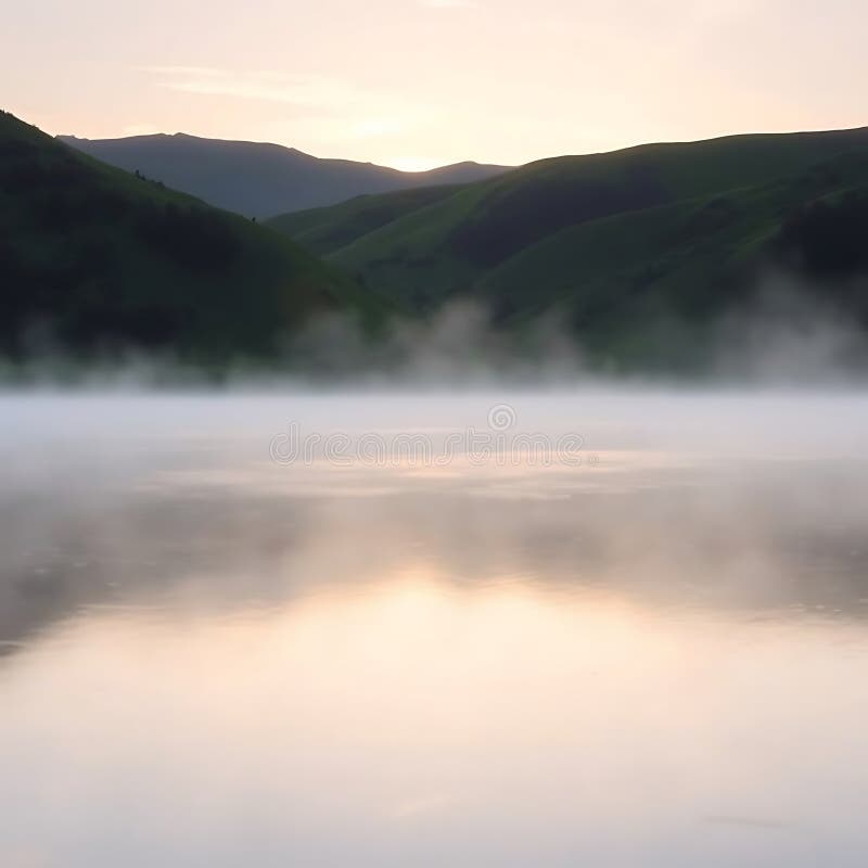 Mist Rising from Lake in Rolling Hills Stock Illustration ...