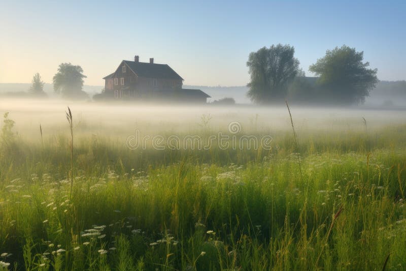 Mist Rising from Meadow, with Farmhouse in the Distance Stock Photo ...
