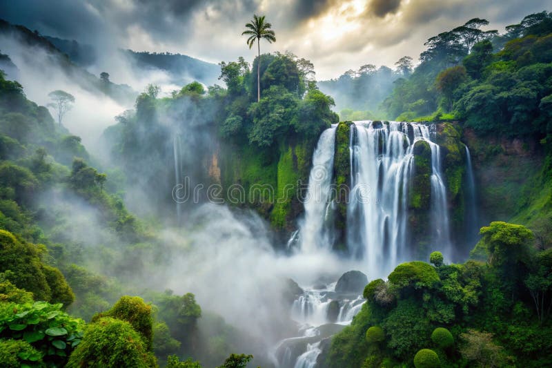 Mist Rising Off a Waterfall Hidden Deep in a Foggy Jungle Stock ...