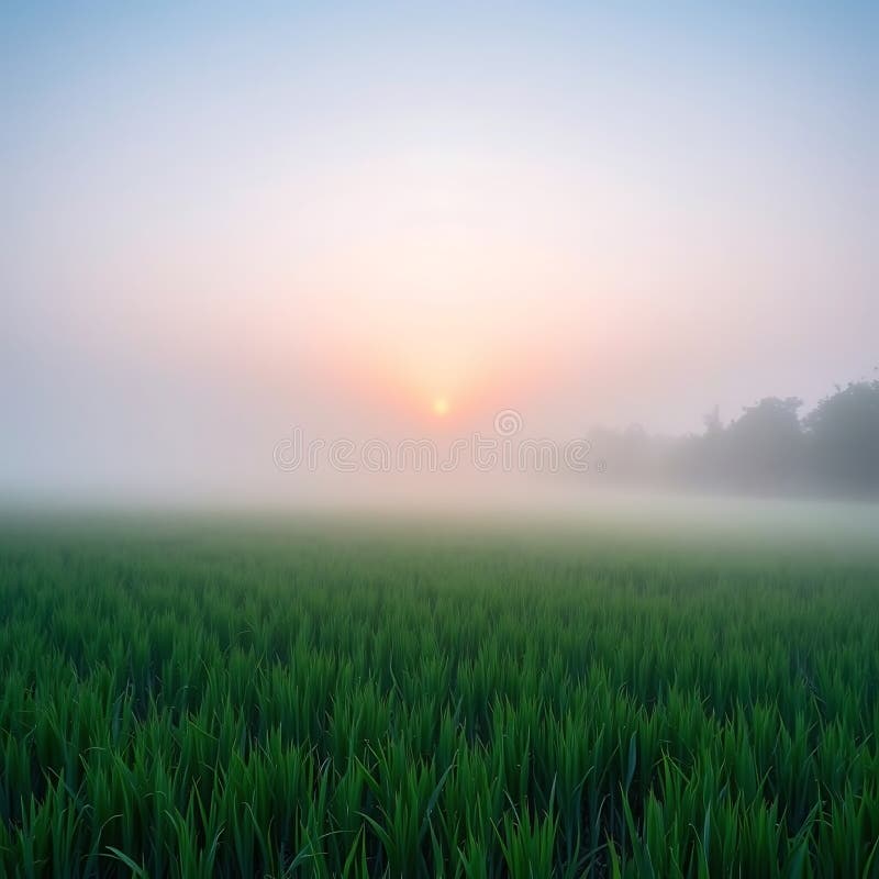 Mist Rising Over Japanese Rice Field at Dawn Stock Illustration ...