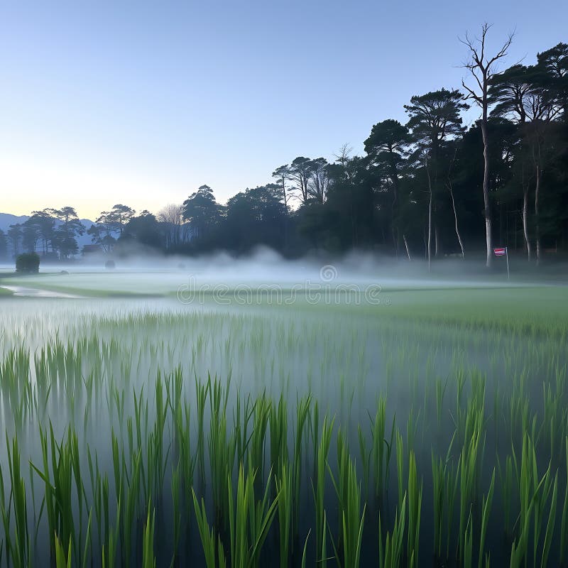 Mist Rising Over Japanese Rice Field at Dawn Stock Illustration ...
