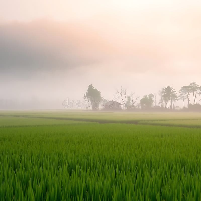 Mist Rising Over Japanese Rice Field at Dawn Stock Illustration ...