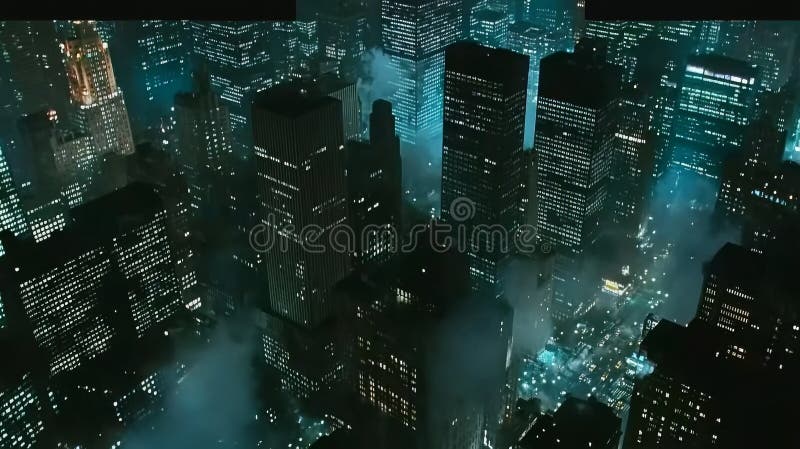 Mist-shrouded Cityscape at Night, with Buildings Radiating Light Stock ...