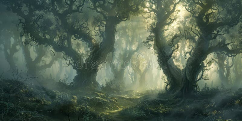 A Mist-shrouded Forest with Ethereal Light Filtering through Generated ...