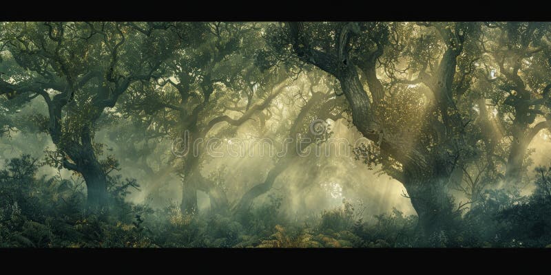 A Mist-shrouded Forest with Ethereal Light Filtering through Generated ...