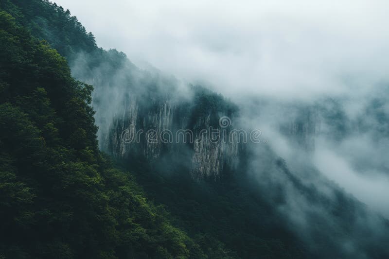 Mist-shrouded Mountains, Vibrant Plant Life, and Soaring Cliffs Stock ...