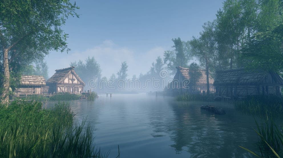 Mist-Shrouded Village on a Tranquil River Stock Photo - Image of leaves ...