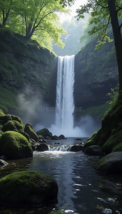 Mist Shrouded Waterfall in a Serene Forest Glade, Water, Landscape ...