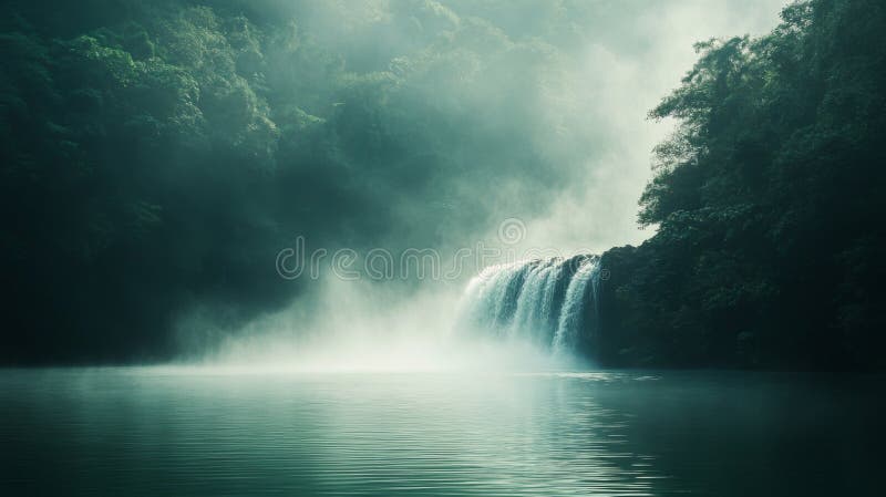 Mist Shrouded Waterfall and Still Water in a Lush Forest Stock ...