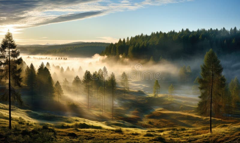 Through the Mist: a Sunlit Forest Awakening Stock Illustration ...