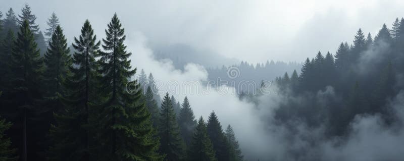 Mist Swirls through Towering Coniferous Trees, Pine, Mist, Evergreen Stock Illustration ...