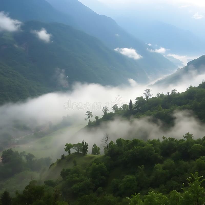 Mist in Valley with Green Mountains Stock Illustration - Illustration ...