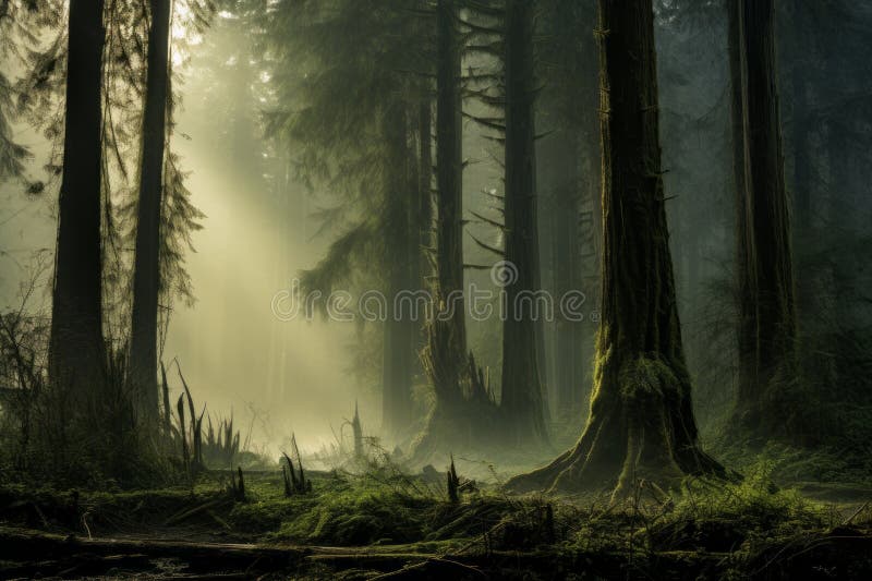 Mist Weaving through Towering Forest Trees Stock Illustration ...
