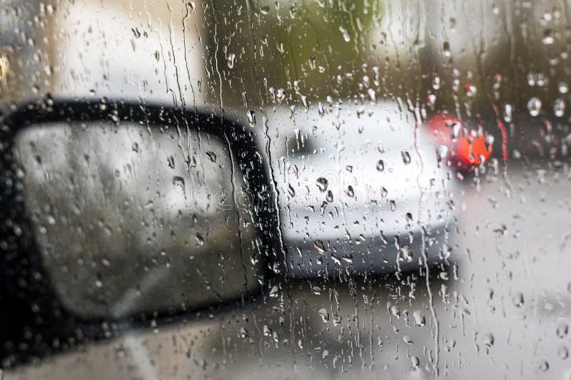Misted Right Mirror of the Car in the Rain, Poor Visibility Stock Photo ...