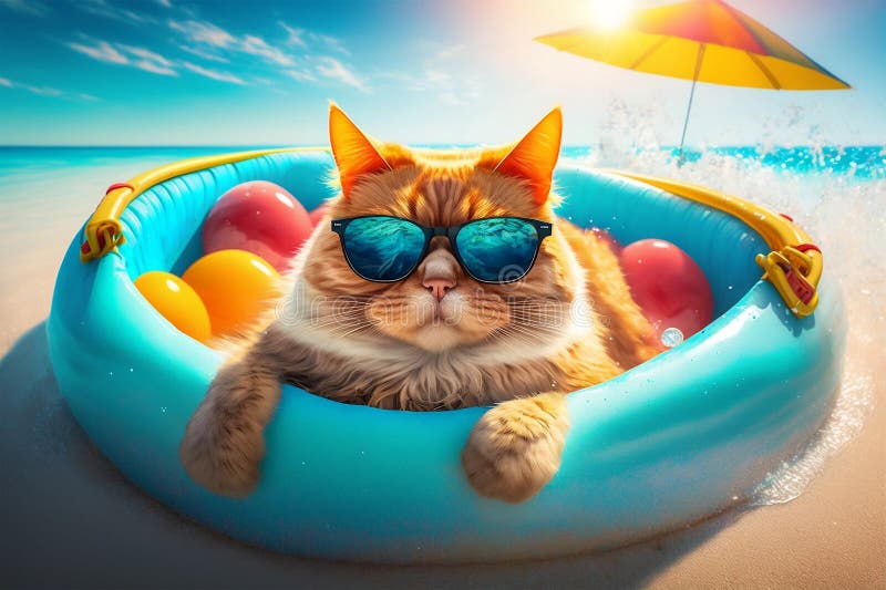 Mister Cat Chilling on a Pool Float on a Sandy Ocean Beach. Generative ...
