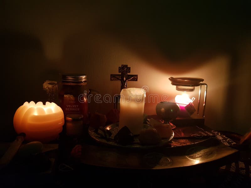 Mistic altar table stock photo. Image of candle, esoterism - 368579540