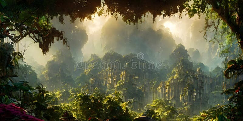 Mistical Lost City in Jungle Stock Illustration - Illustration of ...