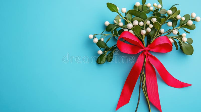 Mistletoe Bouquet with Red Ribbon on Blue Background Stock Image ...