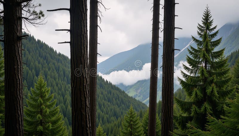A Mistshrouded Forest Filled with Towering Evergrees Stock Illustration ...