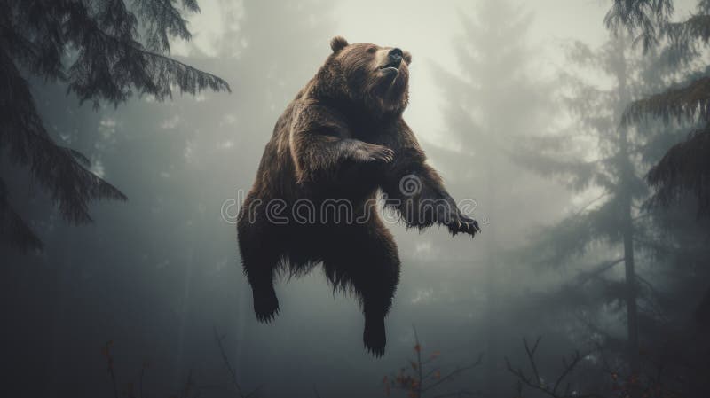 Misty Atmosphere: a Bear S Mythological Leap through the Trees Stock ...