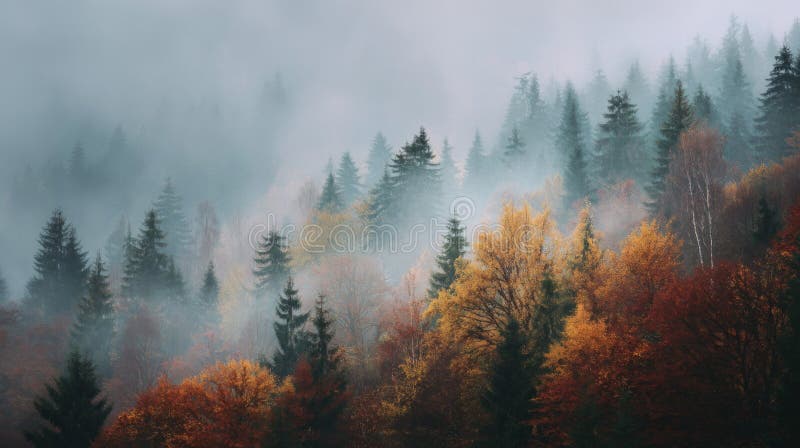 Misty Autumn Forest on Mountainside Stock Image - Image of peaceful ...