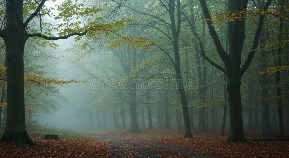 Misty Autumn Forest Path stock illustration. Illustration of calm ...