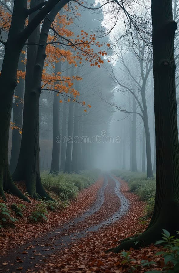 Misty Autumn Forest Path with Fallen Leaves and Quiet Serenity Stock ...